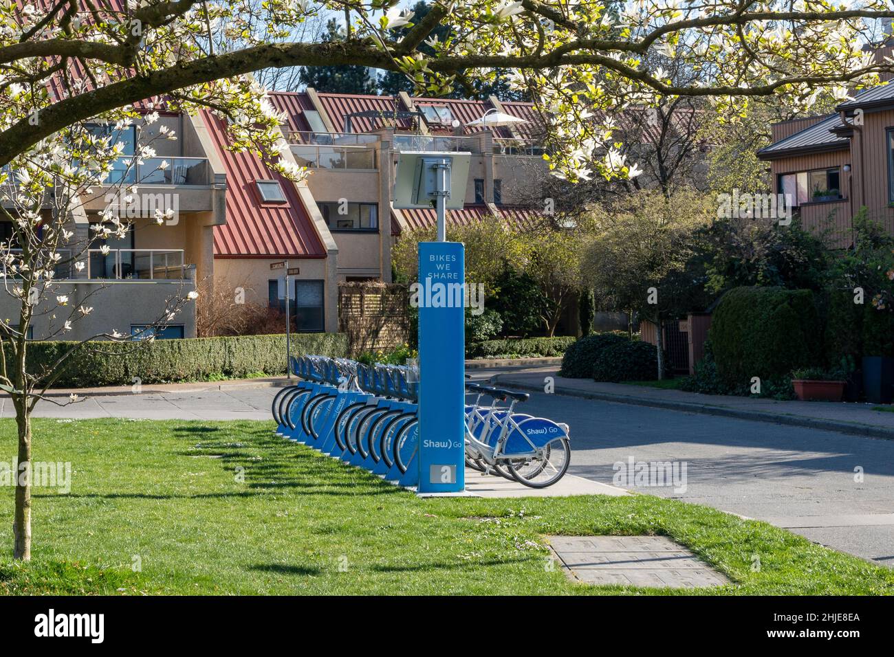 Shaw Go bike share station at Charleson Park in springtime season. Bicycles can be rented and ...