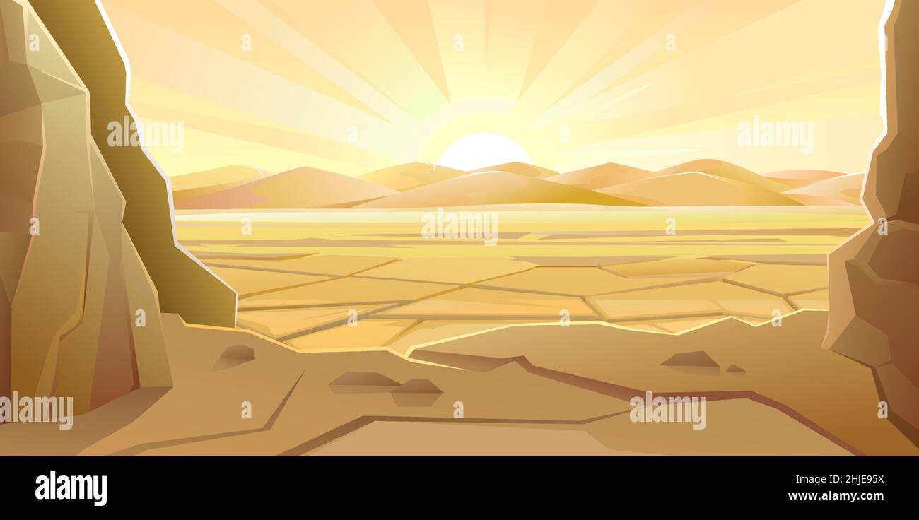 Hot sunrise in desert. Desert sand. Drought cracked desert land ...