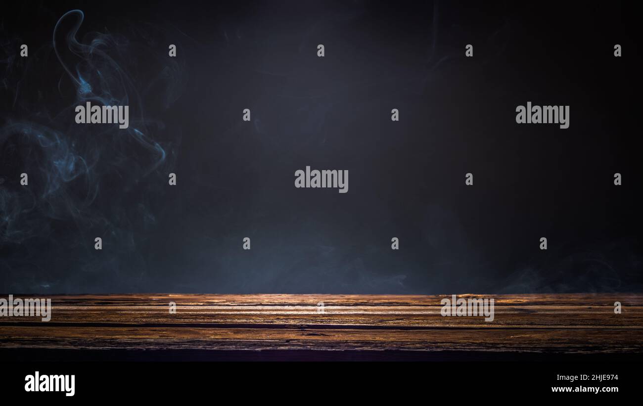 Old wooden platform, podium or table with smoke in the dark Stock Photo ...