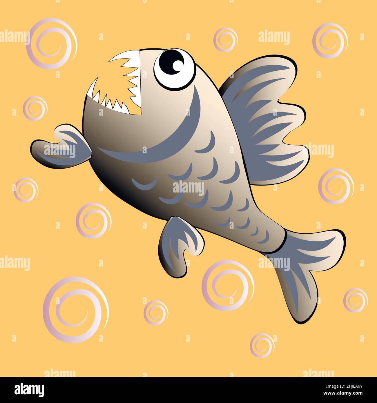 The illustration on a square background is a predatory evil piranha ...