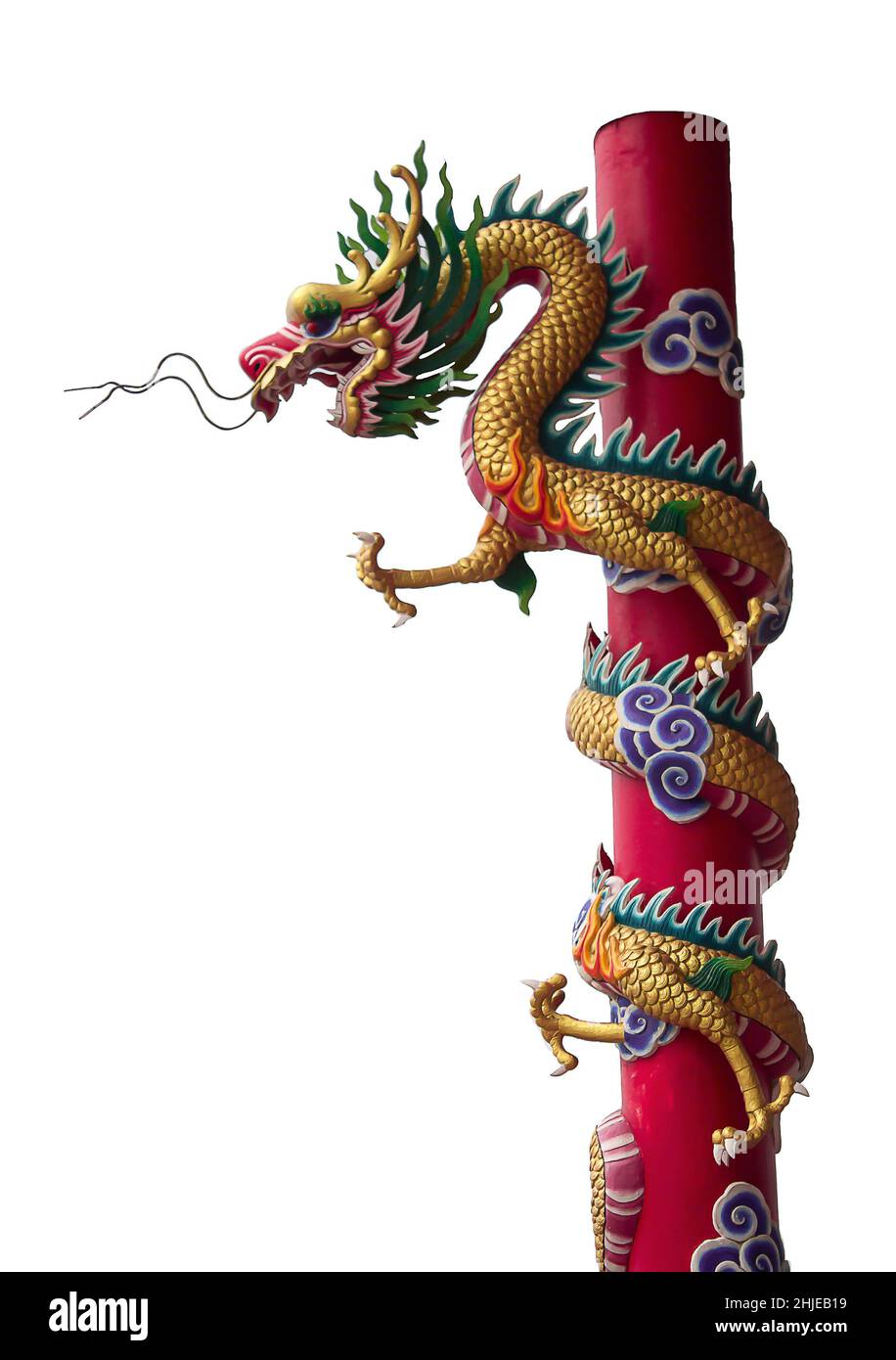 Chinese dragon sculpture statue thousand pillar lotus isolated on white ...