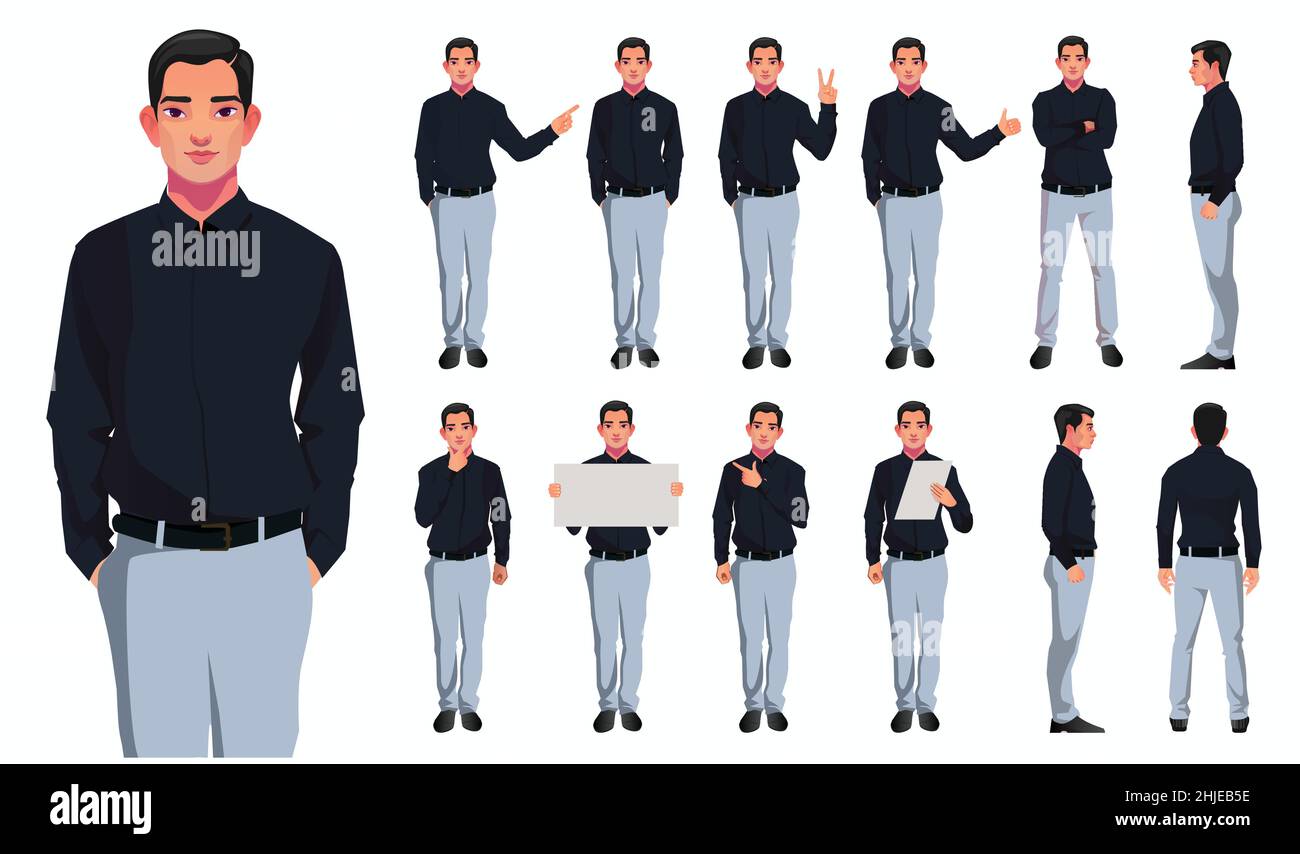 set of business men vector characters design diffrent posses front back ...