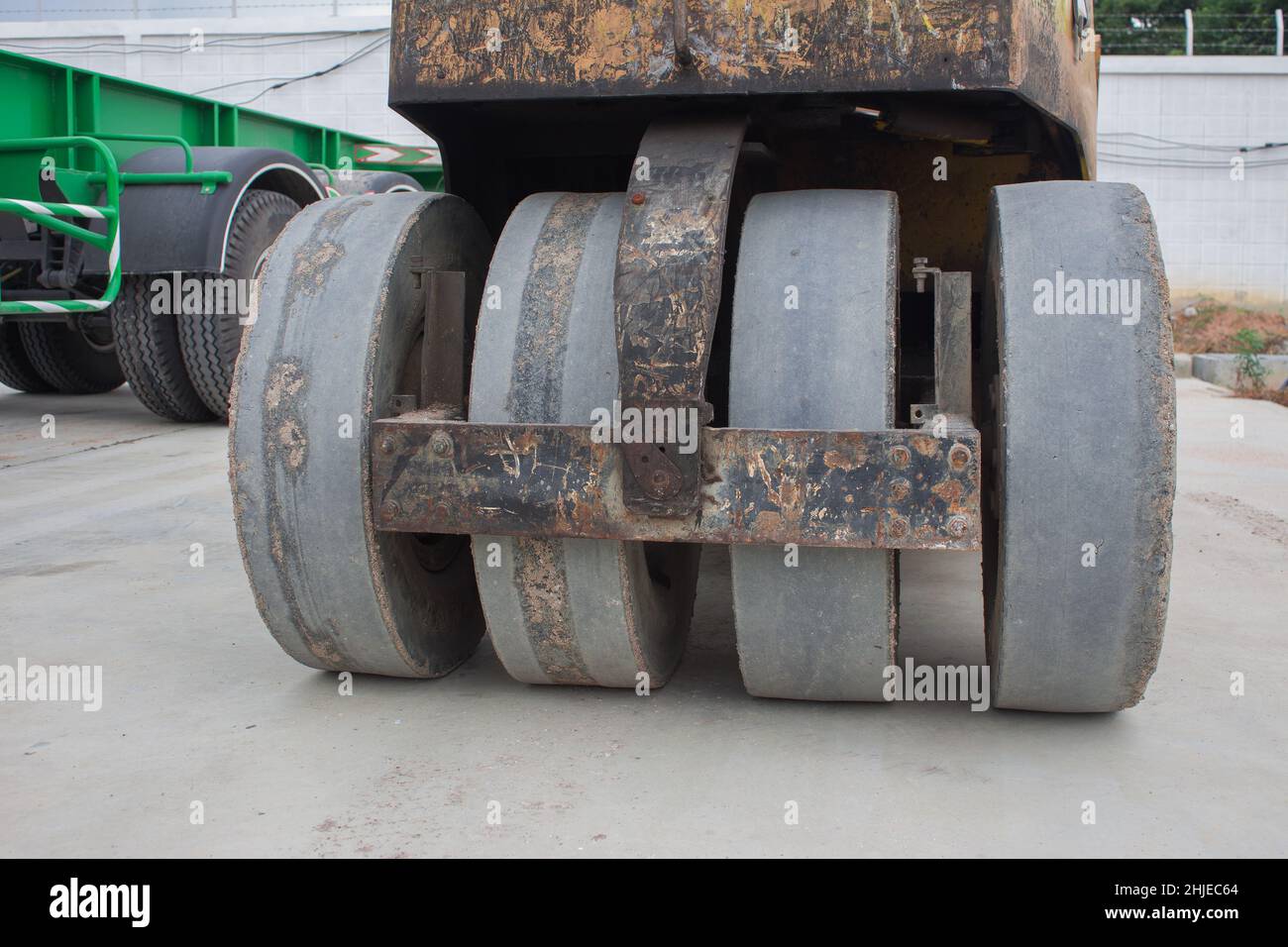 Detail of steamroller during road construction. Asphalt pavement works ...
