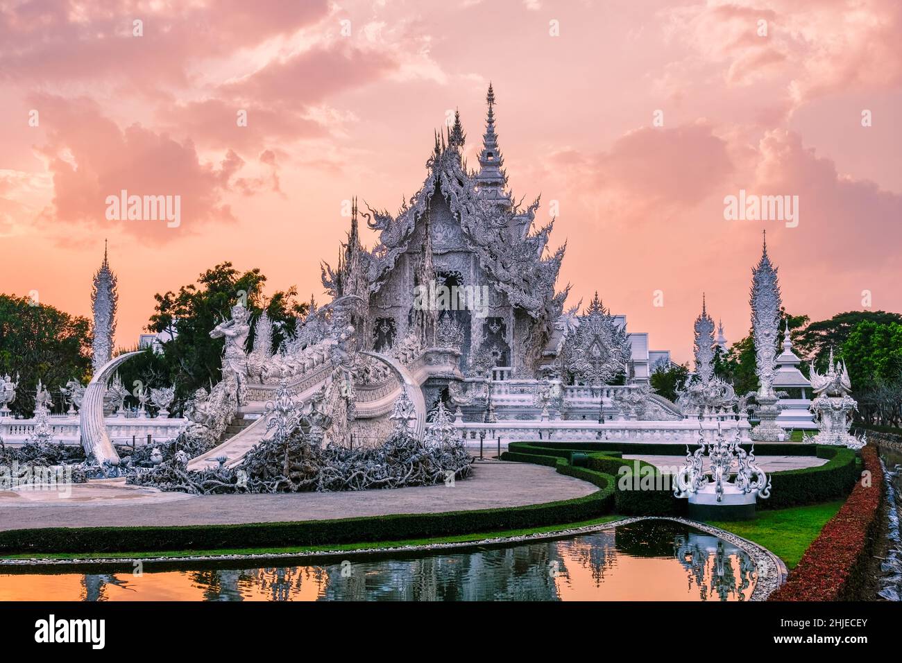 White temple Chiang Rai during sunset, Evening view of Wat Rong Khun or ...