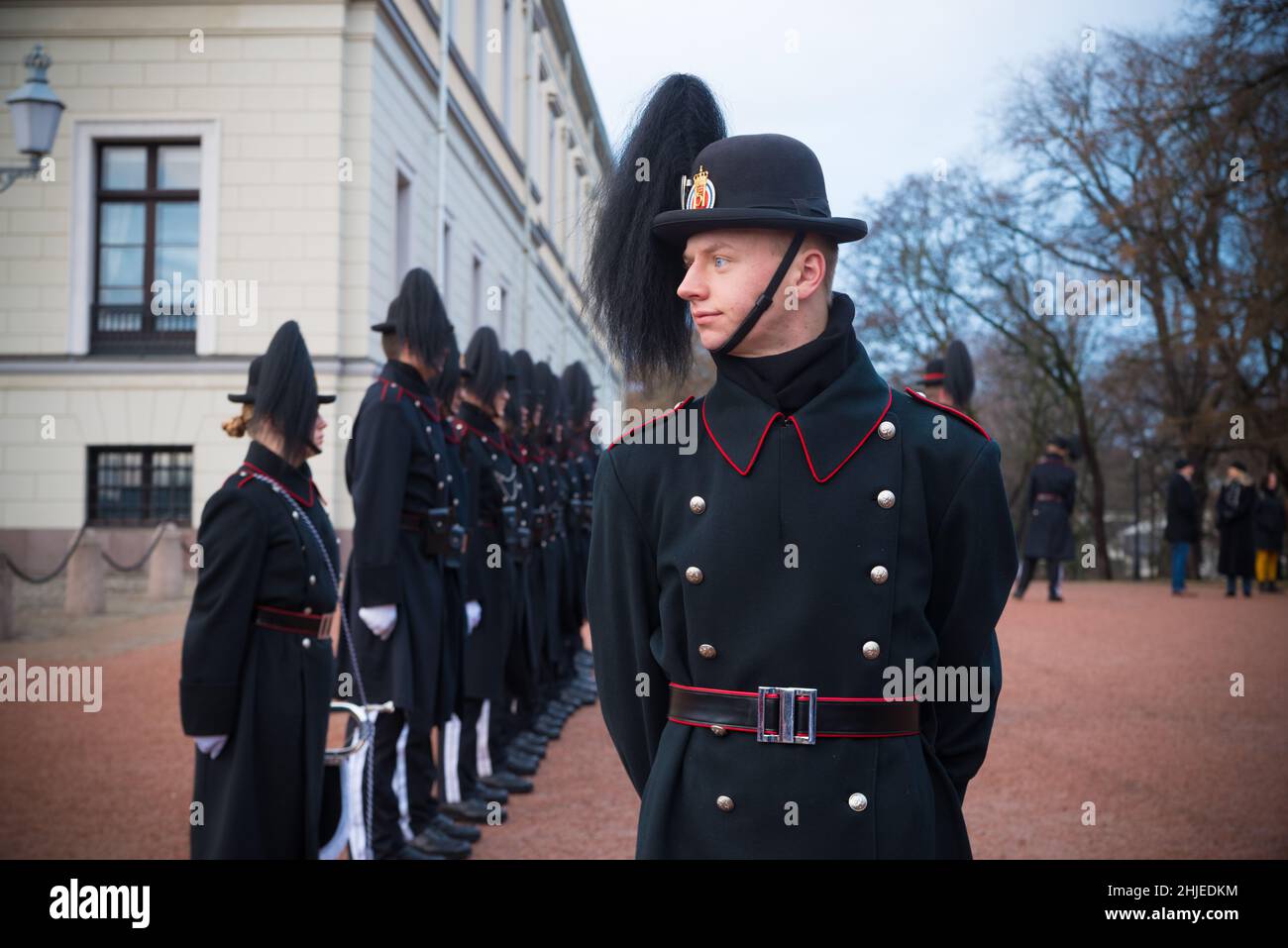 OSLO, NORWAY - DECEMBER 22, 2019: Norwegian Royal guard in front of the ...