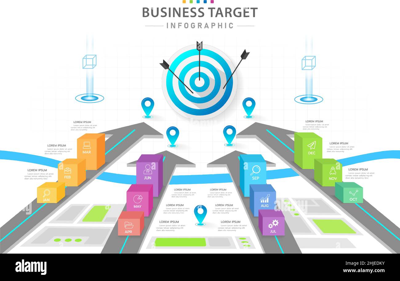 Infographic template for business. Modern 12 Months Target diagram with ...
