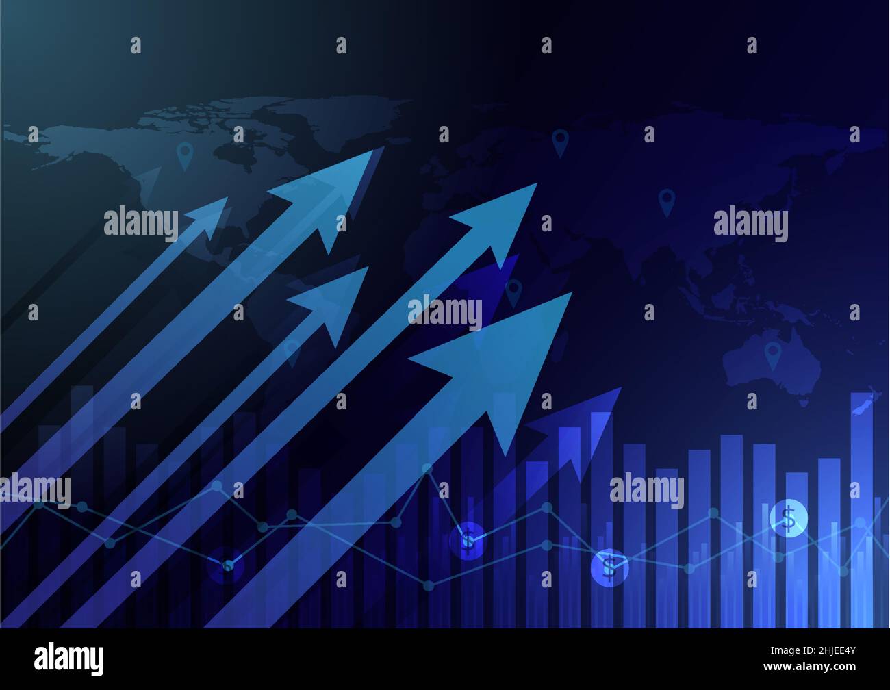Business stick graph on world map background. Chart of global marketing ...