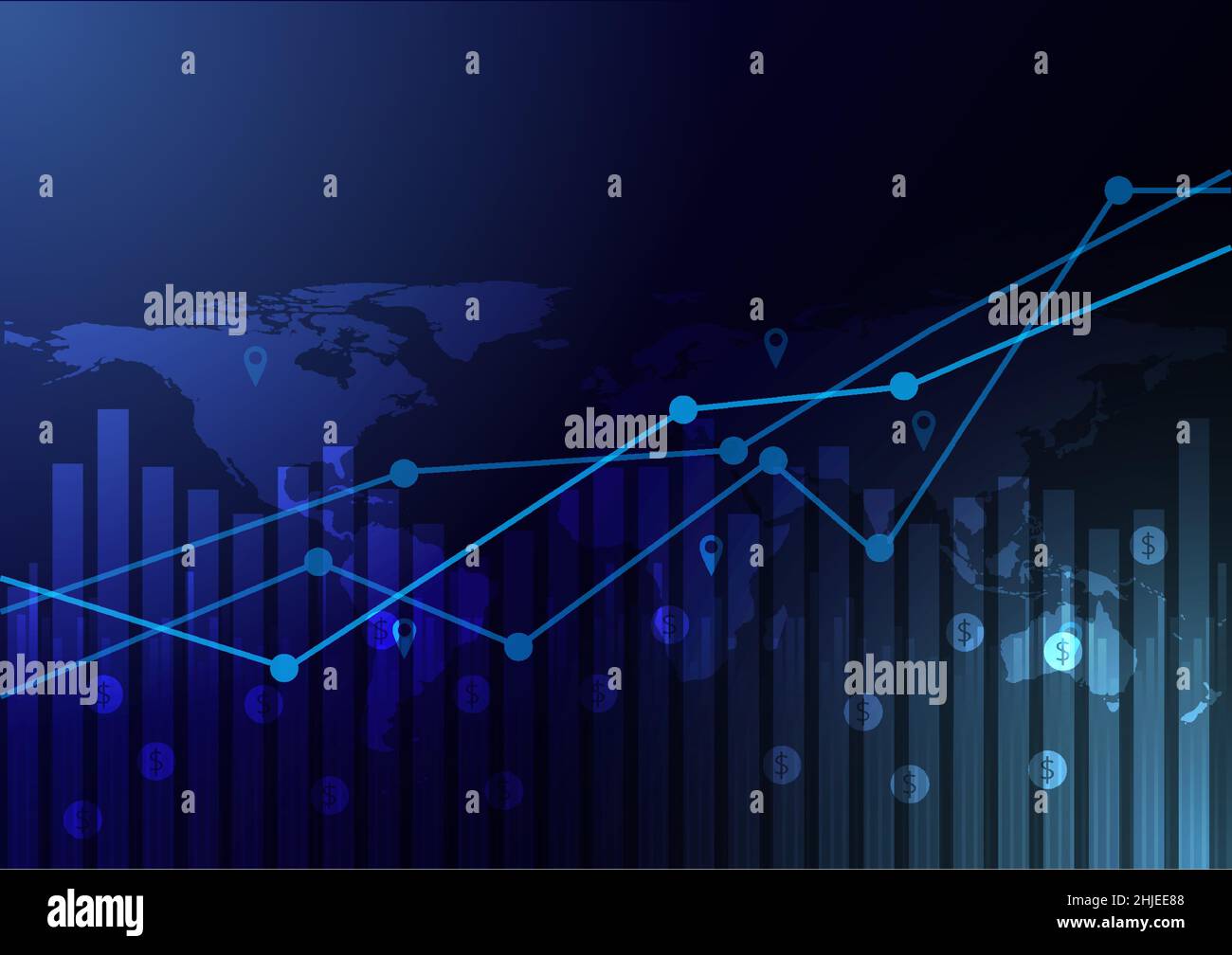 Business stick graph on world map background. Chart of global marketing ...