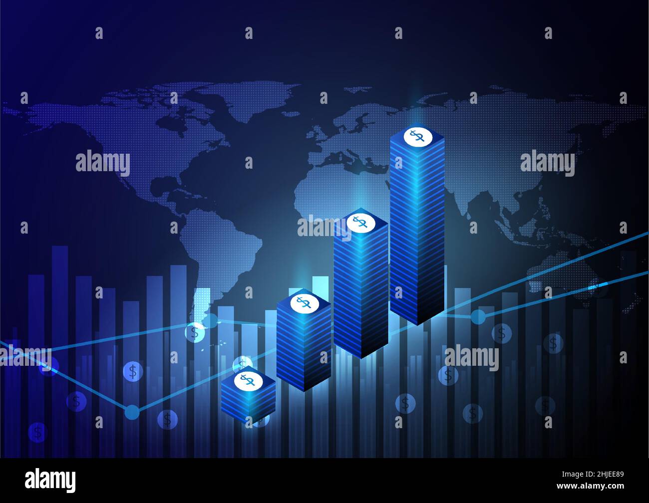 Business arrow and stick graph on world map background. Chart of global ...