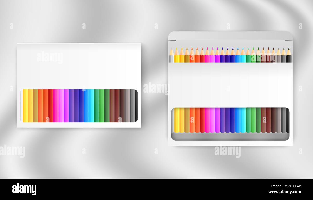 24 Color pencils with empty box on white fabric background. Clean ...