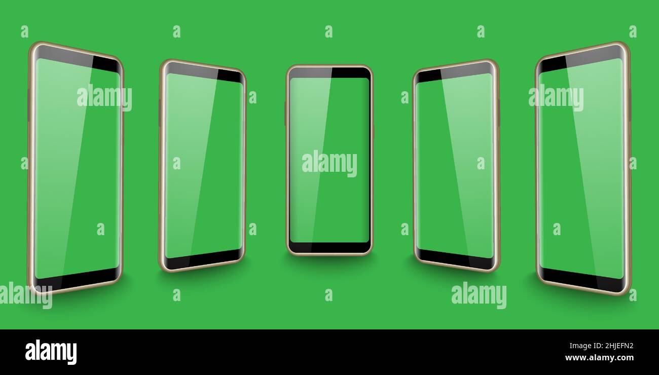 Smartphone green screen display realistic mock up. 5 isolated mobile ...