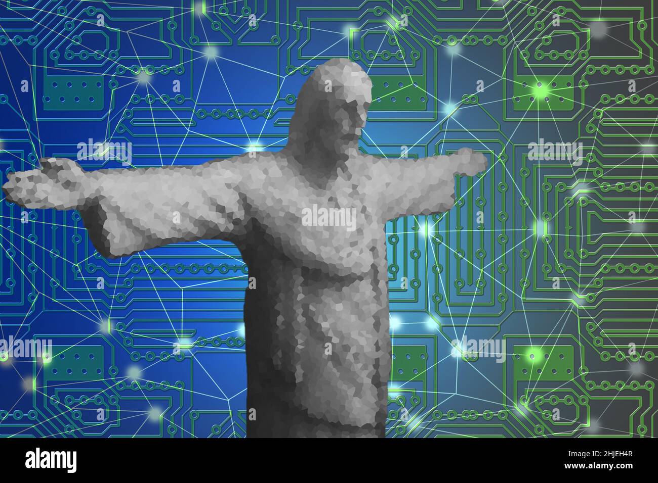 gray jesus statue with a facet effect and a blue network background ...