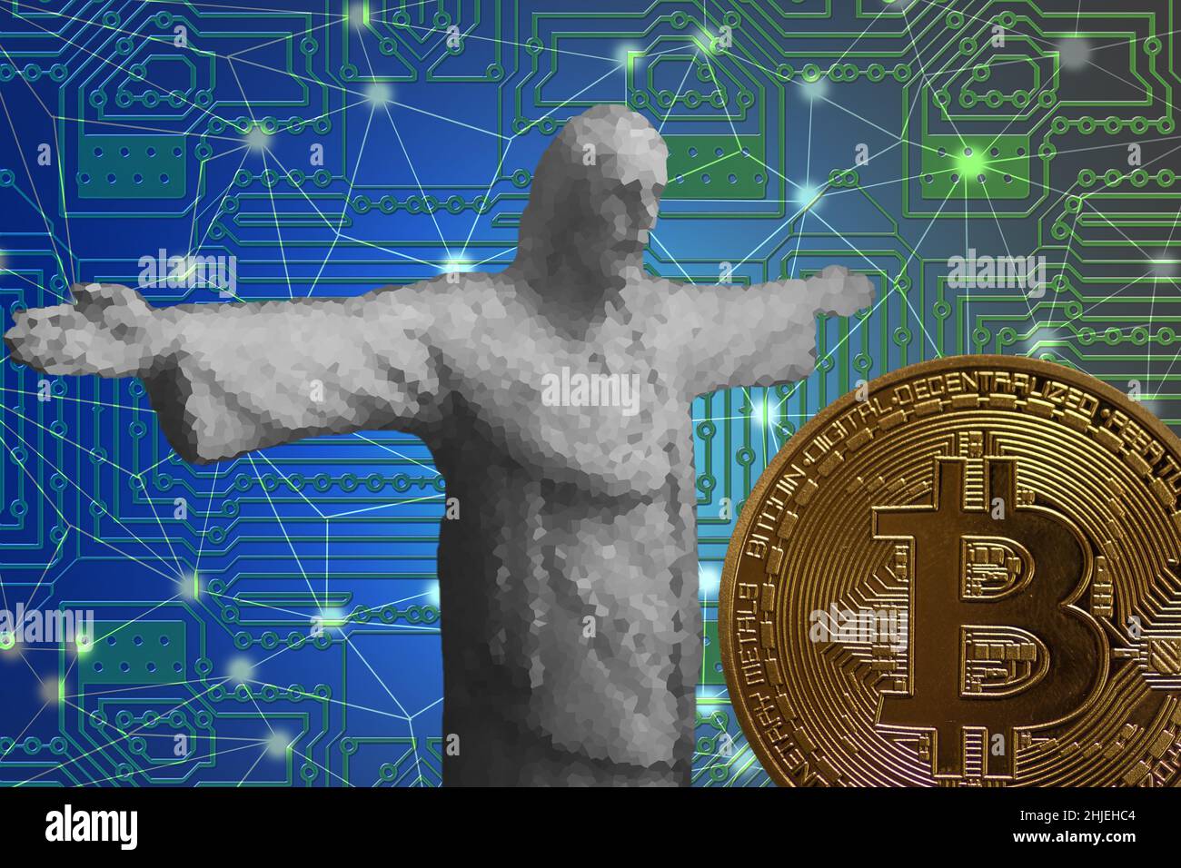 gray jesus statue with a facet effect with a golden valueable bitcoin ...