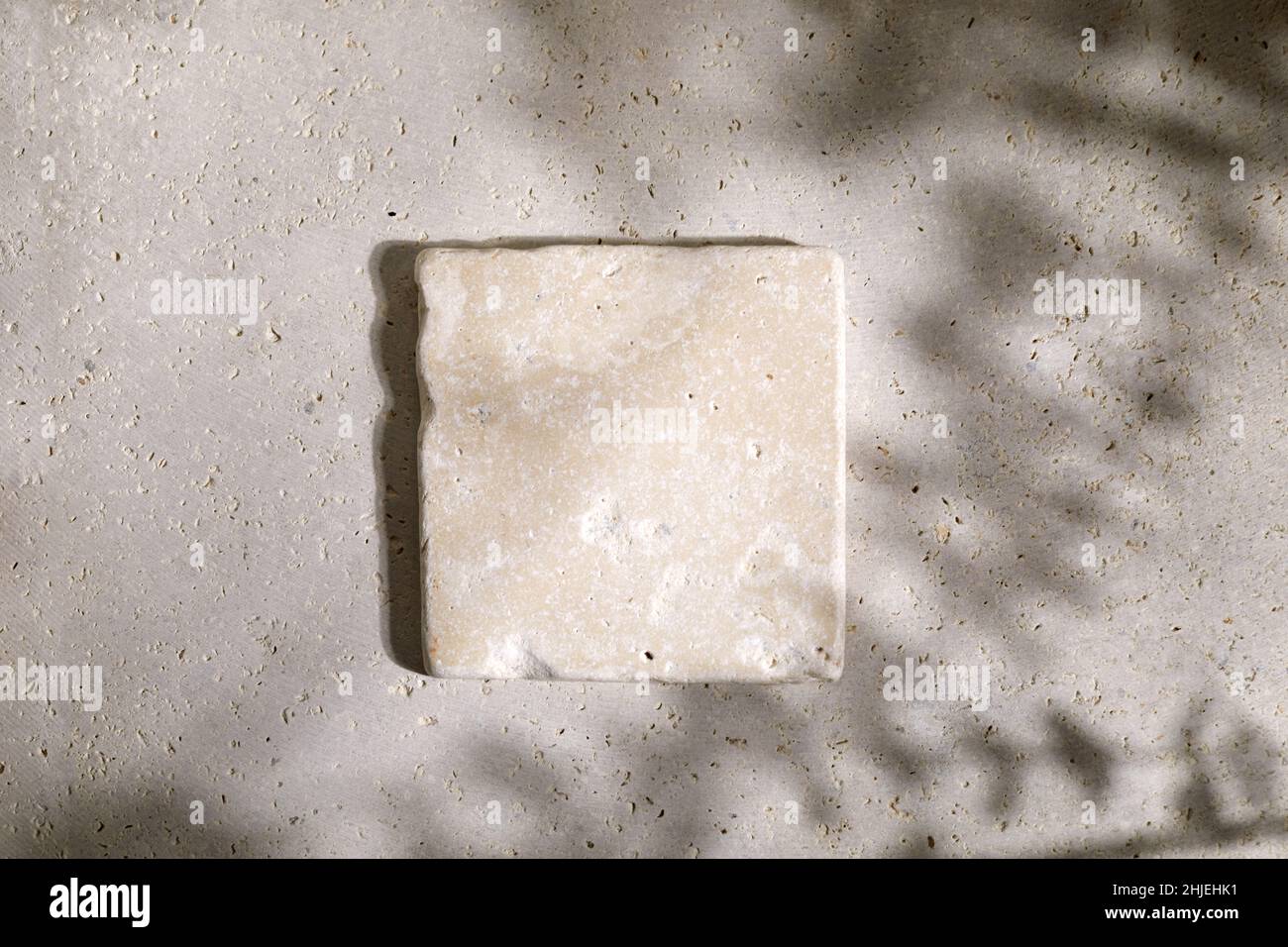 Travertine stone display flat lay podium on biege background and ...