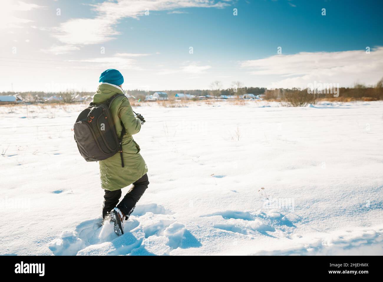Young Woman Tourist Lady Photograph Taking Pictures Of Snowy Landscape ...