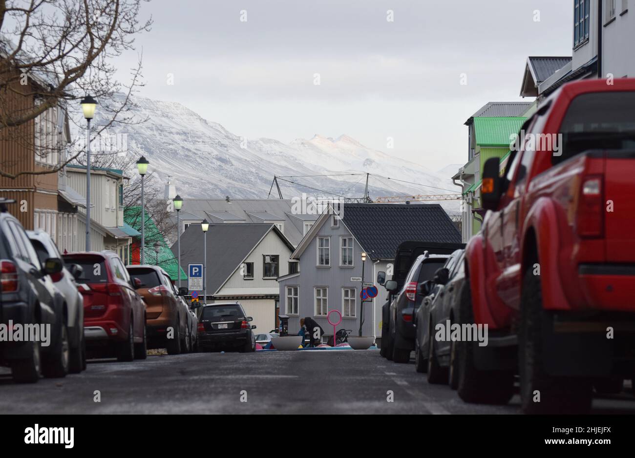 A residential side street in central Reykjavík Iceland with traditional ...