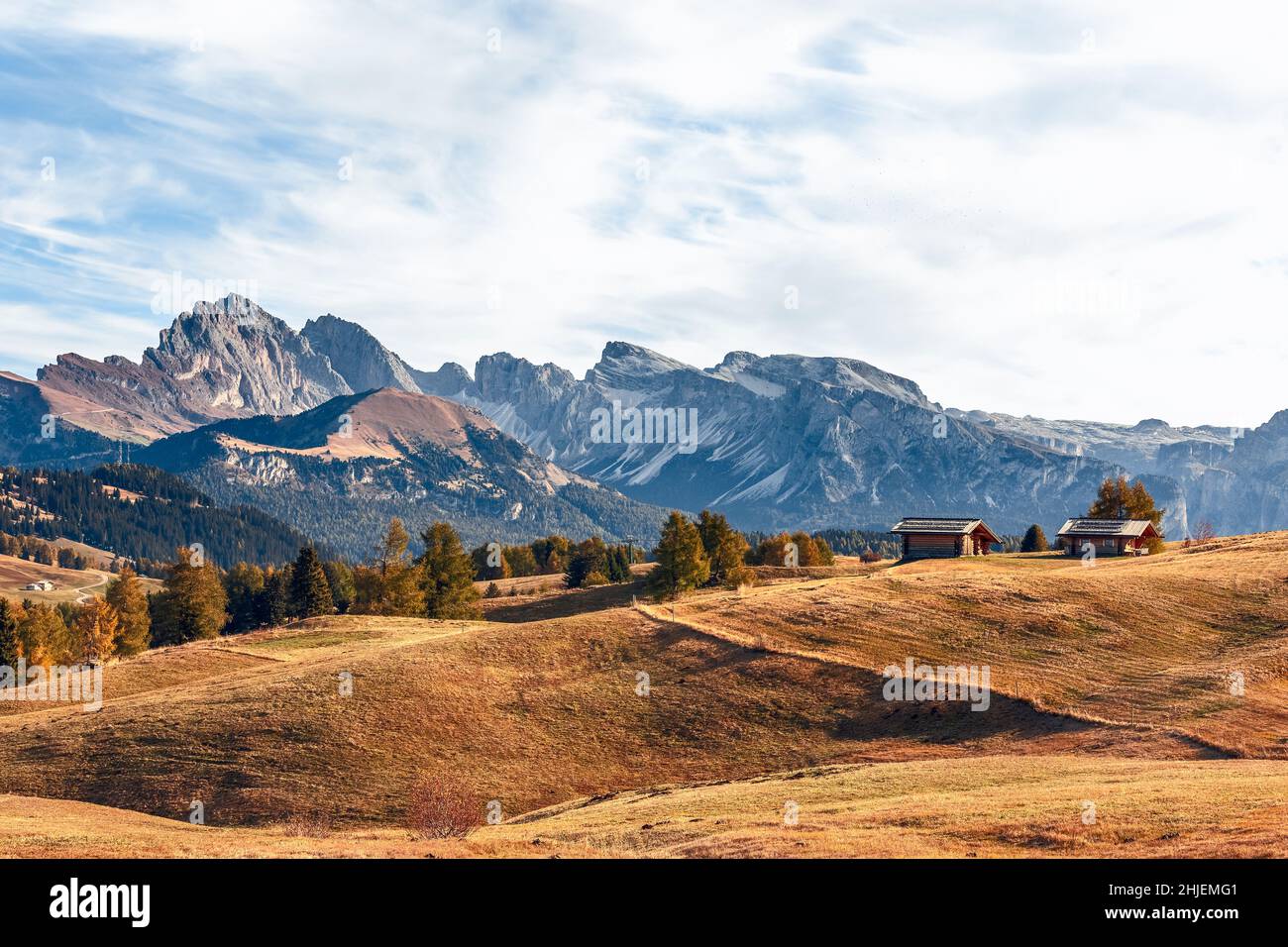Golden autumn on the Seiser Alm plateau. View on Langkofel Group ...