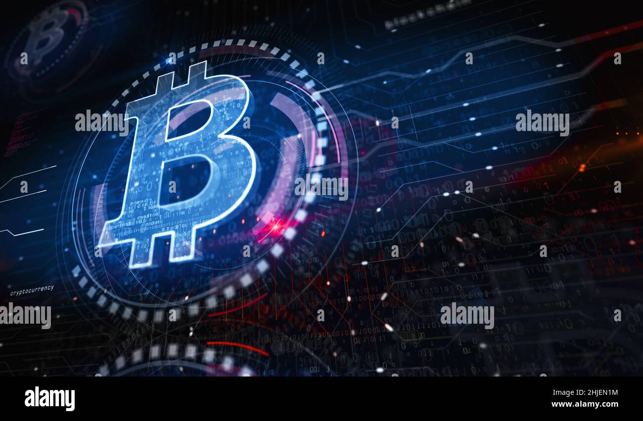 Bitcoin blockchain crypto currency and digital money symbol digital concept. Network, cyber ...