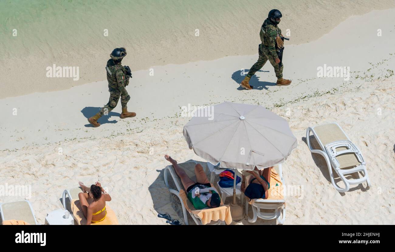 Cancun, Mexico - September 15, 2021. Marina soldiers of Mexican army ...
