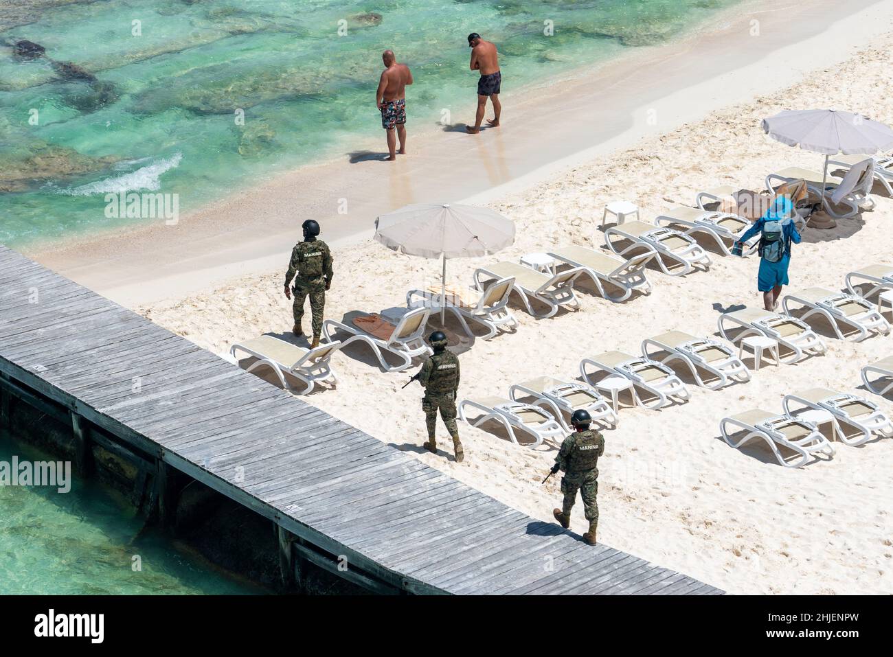 Cancun, Mexico - September 15, 2021. Marina soldiers of Mexican army ...