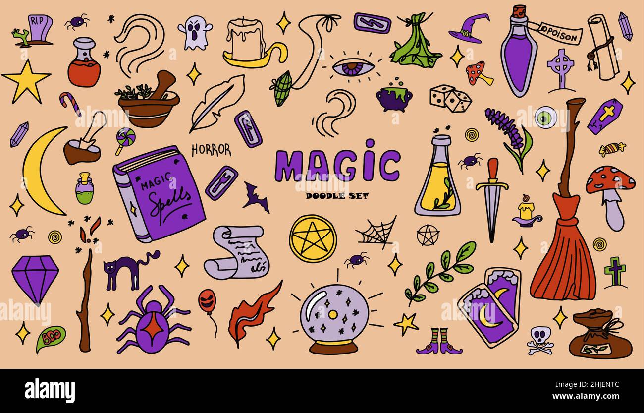 Magic hand drawn doodle set. Vector icons of magic items. Collection ...