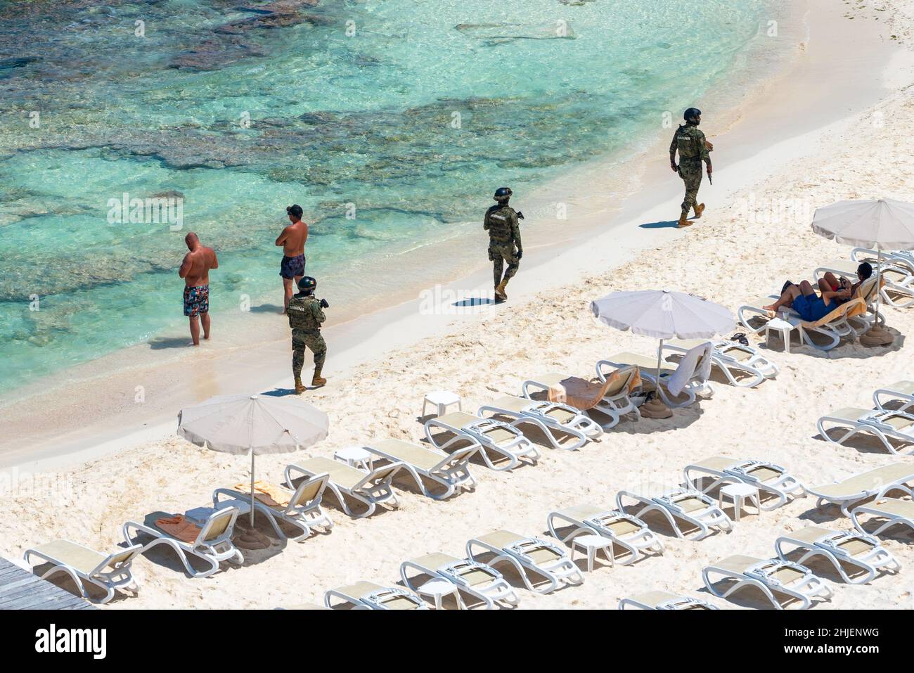 Cancun, Mexico - September 15, 2021. Marina soldiers of Mexican army ...