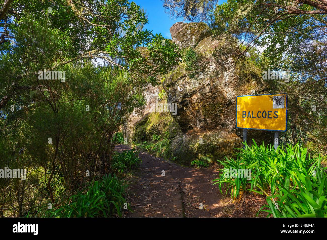 Sign for the Balcoes viewpoint tourist attraction on Madeira island in ...