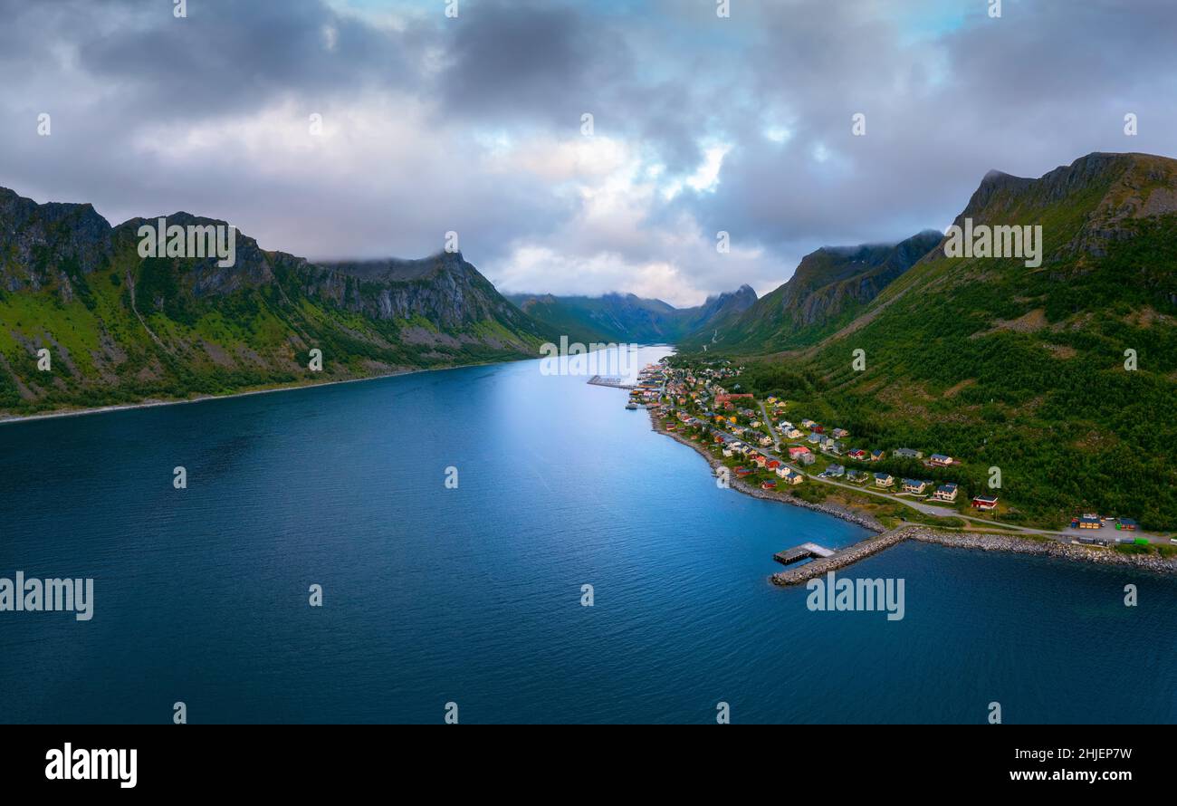 Aerial view of the Gryllefjord village and fjord on Senja Island ...