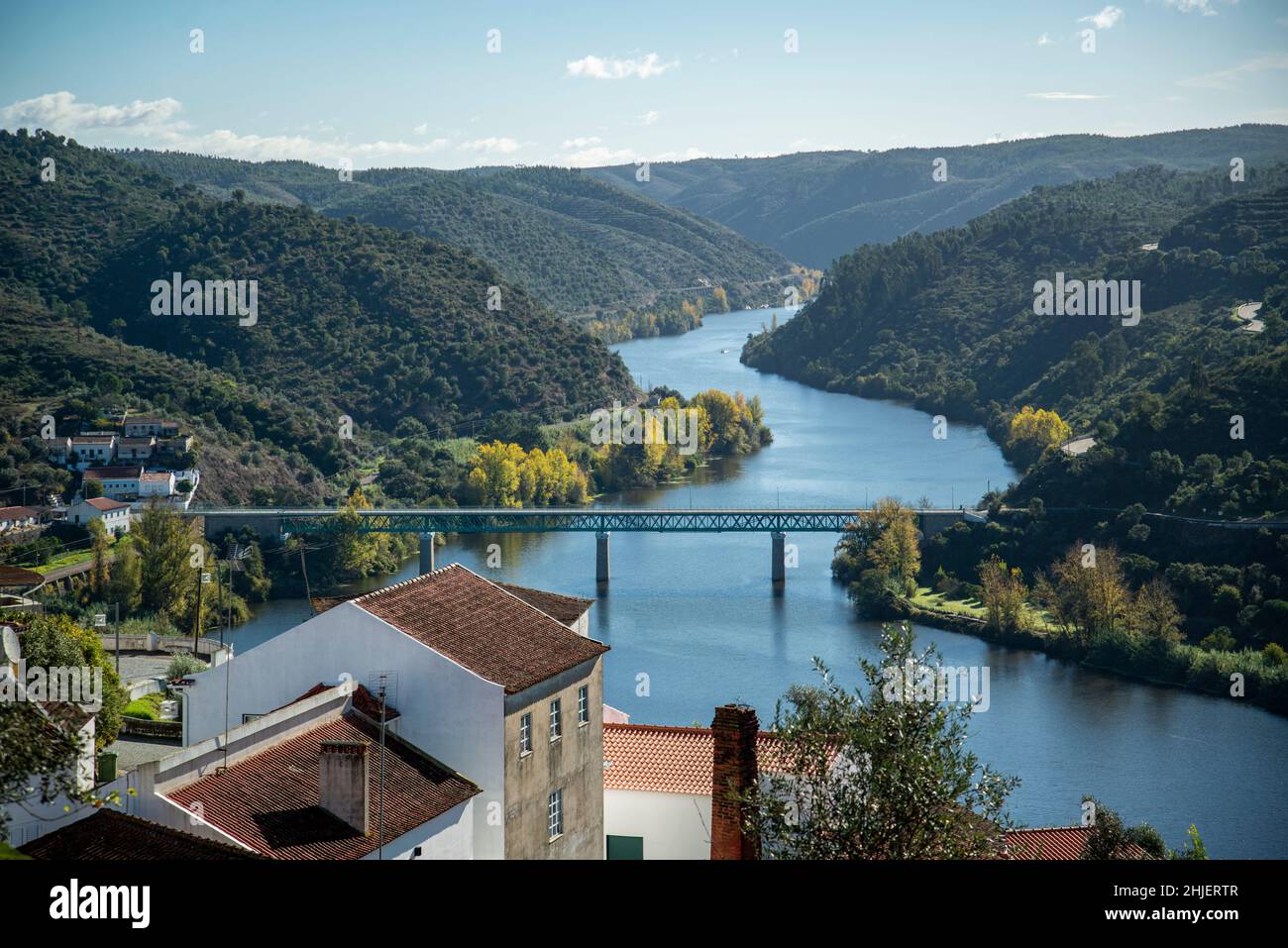 The landscape with the Bridge and Ponte de Belver at the Rio Tejo at ...