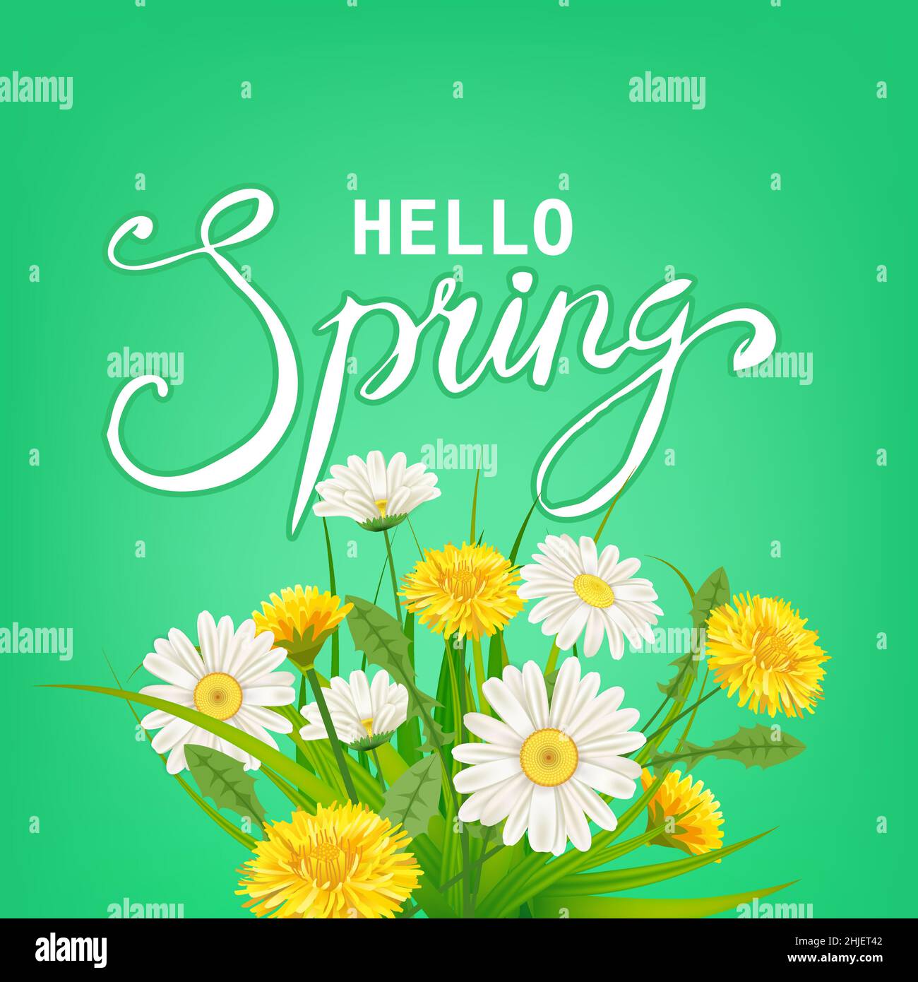 Hello Spring lettering template background with flowers dandelions and ...