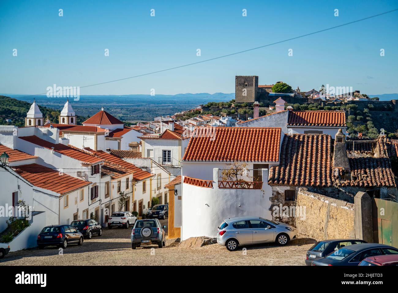 a view with the Castelo of the old Town Castelo de Vide in Alentejo in ...
