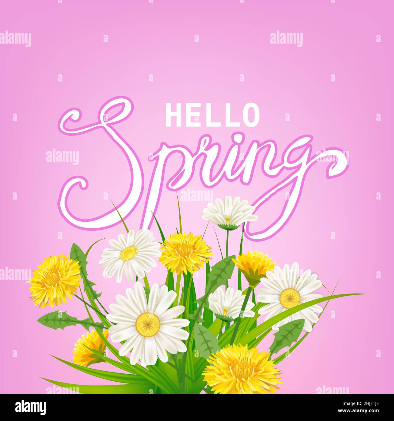 Hello Spring lettering template background with flowers dandelions and ...