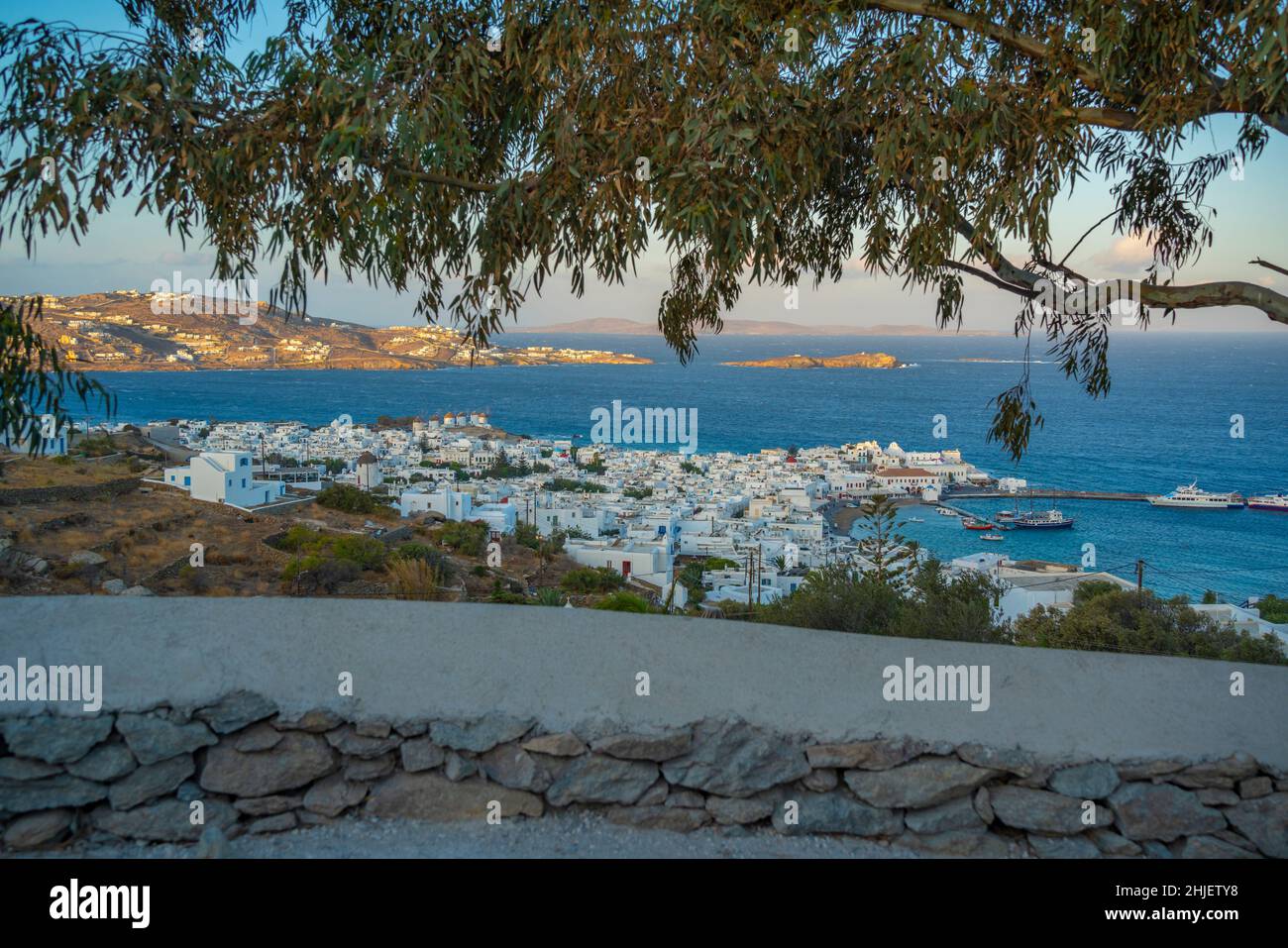Elevated view of flour mills and town at sunrise, Mykonos Town, Mykonos ...
