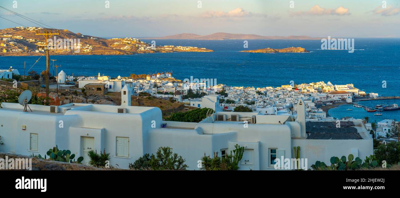 Elevated view of flour mills and town at sunrise, Mykonos Town, Mykonos ...