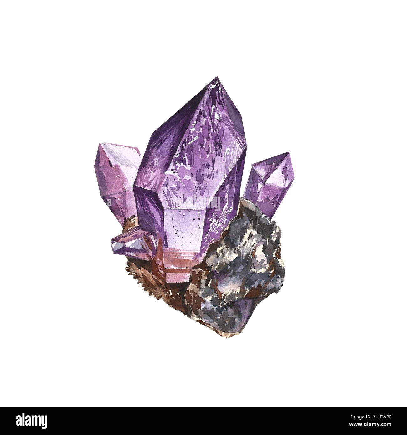 Watercolor crystals. Amethyst crystals, crystal cluster, isolated on ...