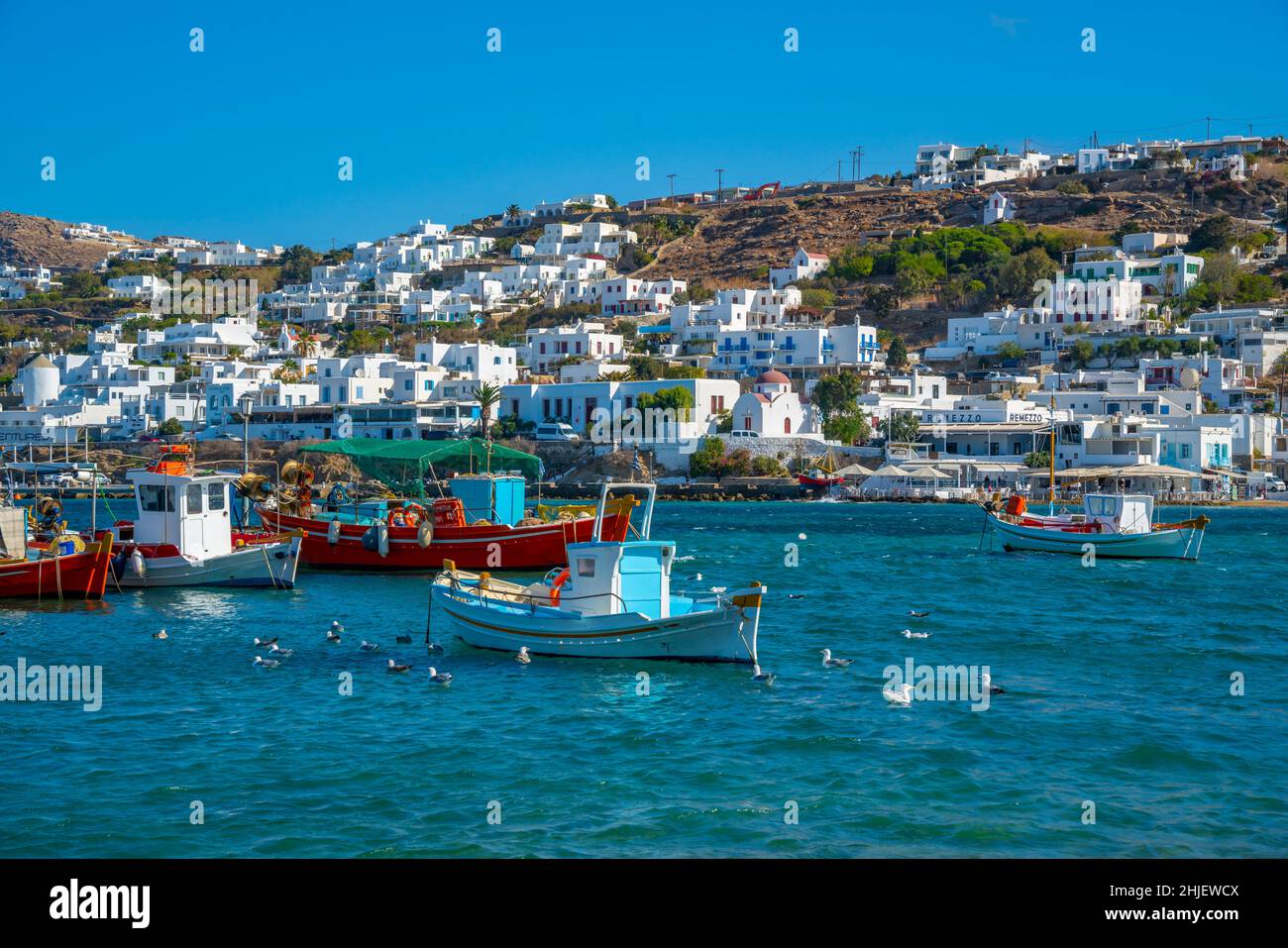 View of boats in harbour, Mykonos Town, Mykonos, Cyclades Islands ...