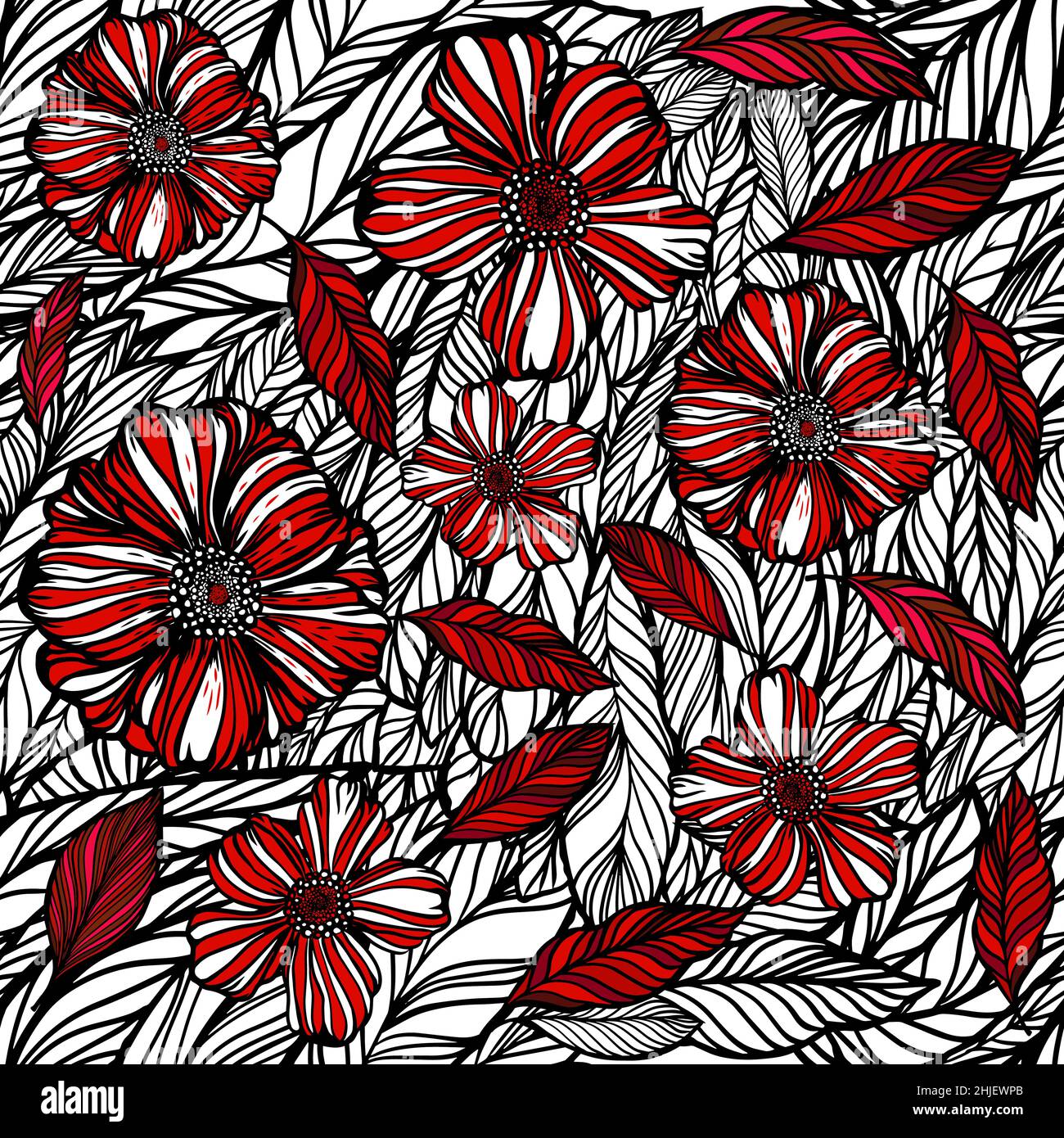 Graphic red-white flowers seamless pattern. Vector illustration Stock ...