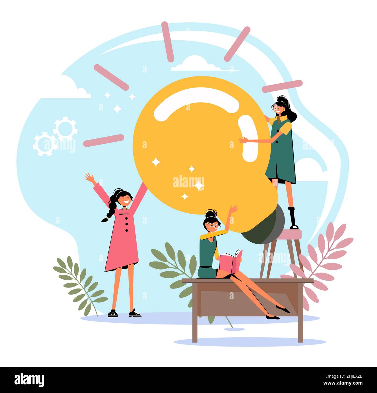 New idea or startup concept, vector illustration. Small women grow ...