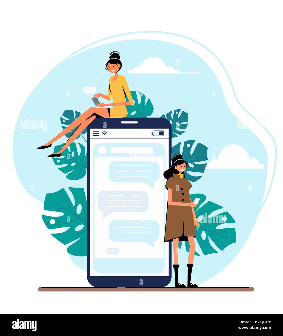 Two persons chat by mobile phone. Pretty women. Smartphone ...