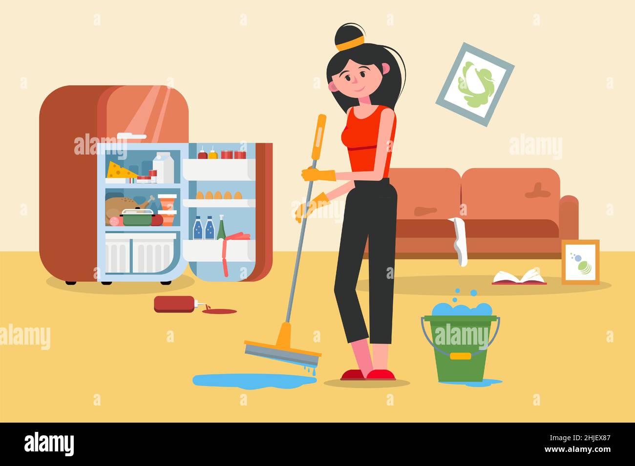 Woman cleaning dirty room with a mop and a bucket of water. Floor ...