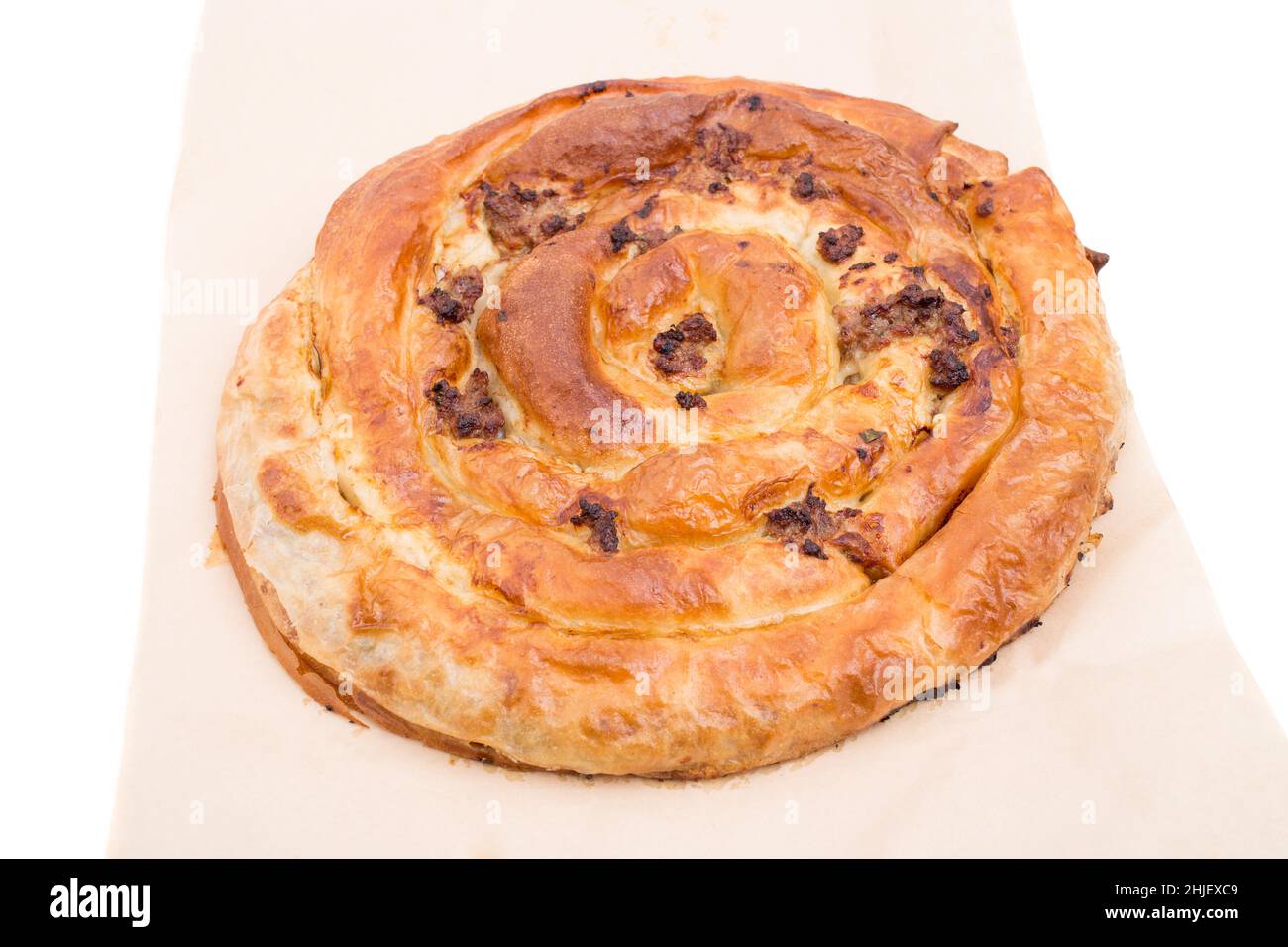 Delicious puff cake with curd cheese as a balkan cuisine. Isolated on a ...