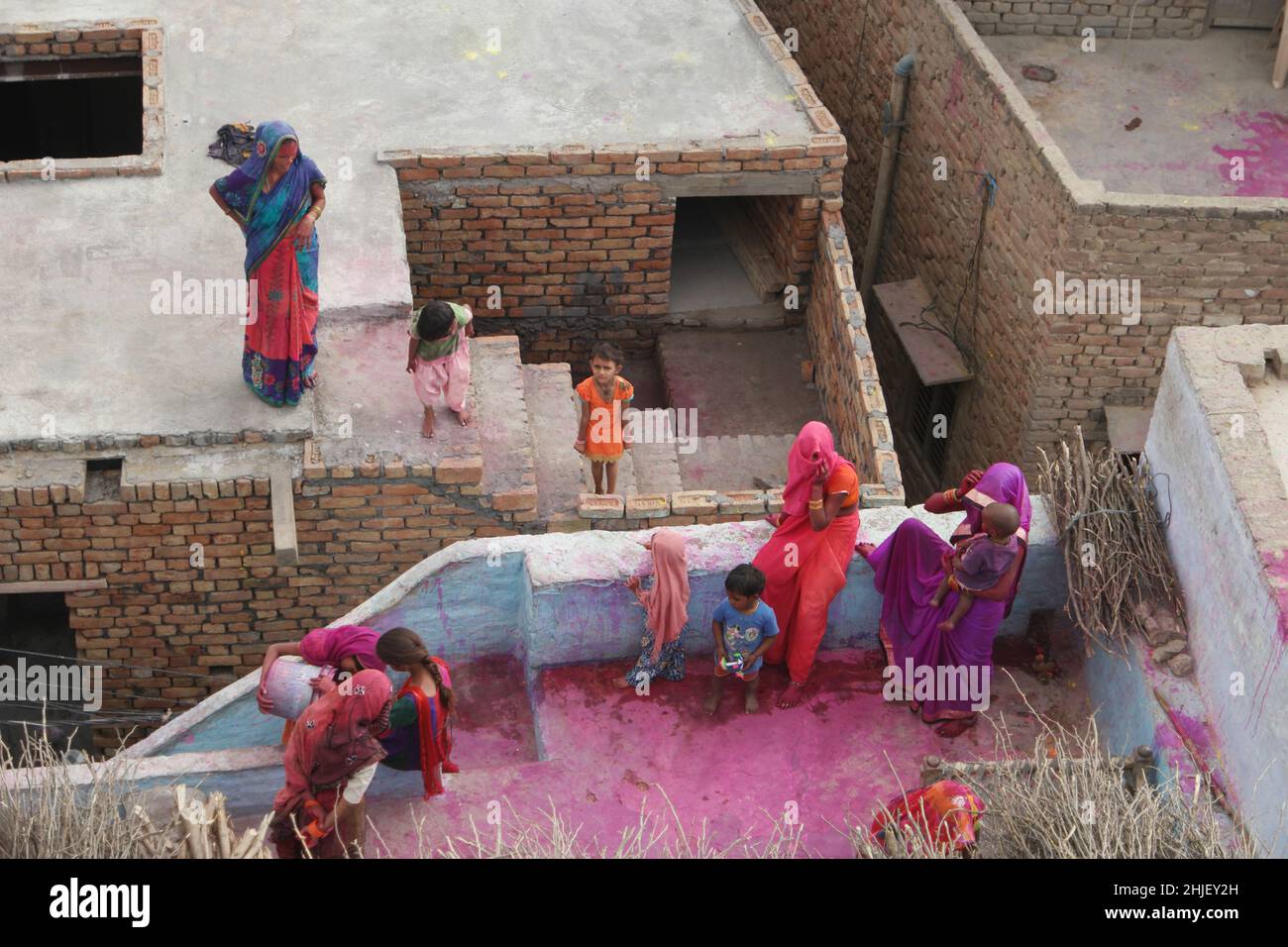 Top view of local Indians on the roofs of buildings during the famous ...