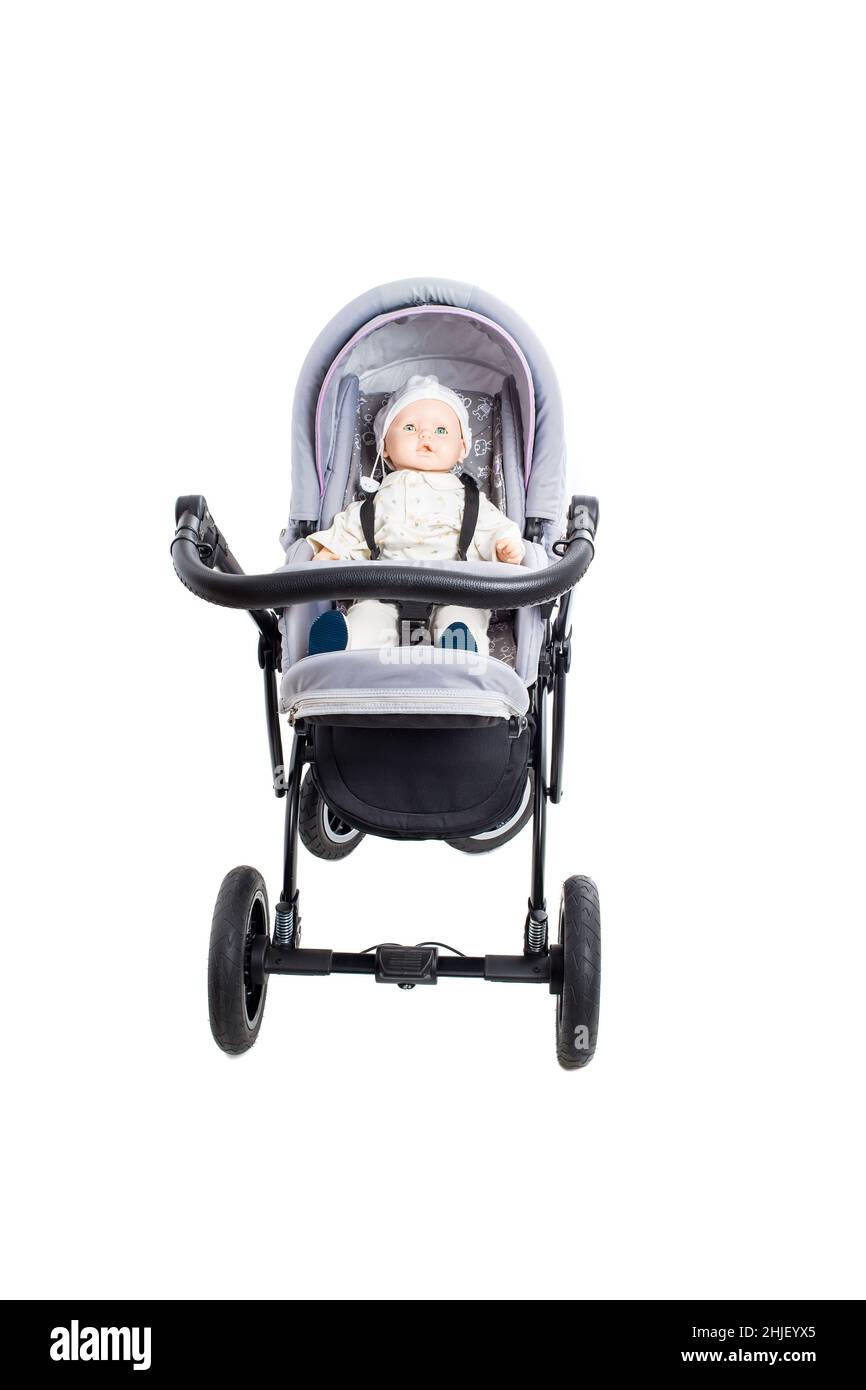 New gray modern pram with doll. Front view. Isolated on a white ...