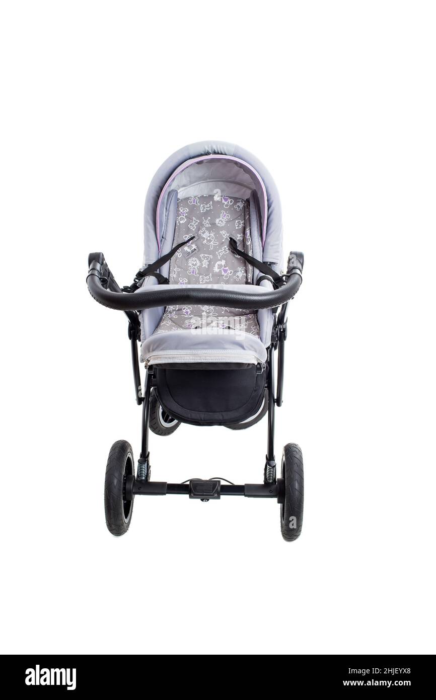 New gray modern pram. Front view. Isolated on a white background Stock ...