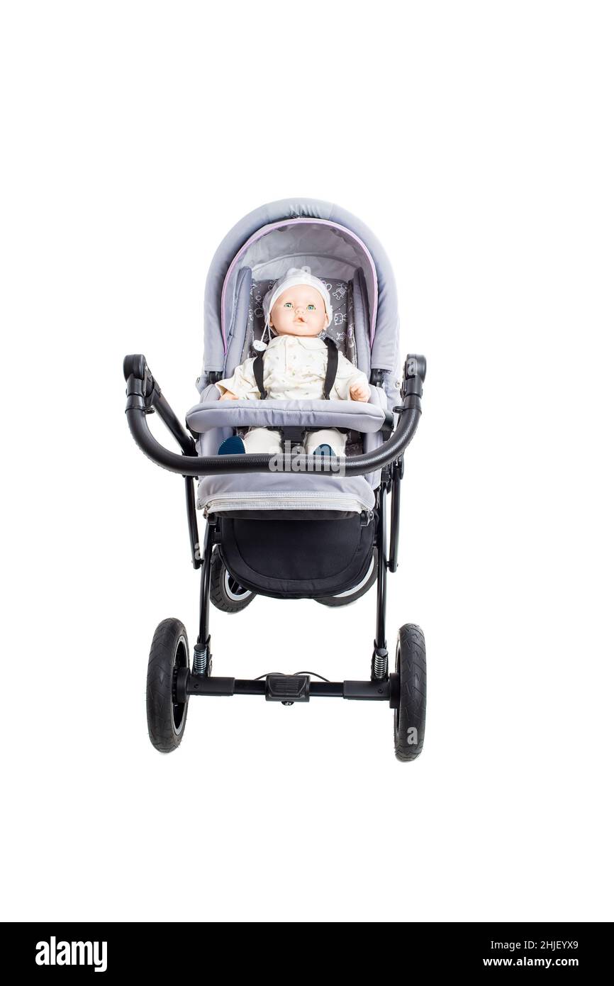 New gray modern pram with doll. Front view. Isolated on a white ...