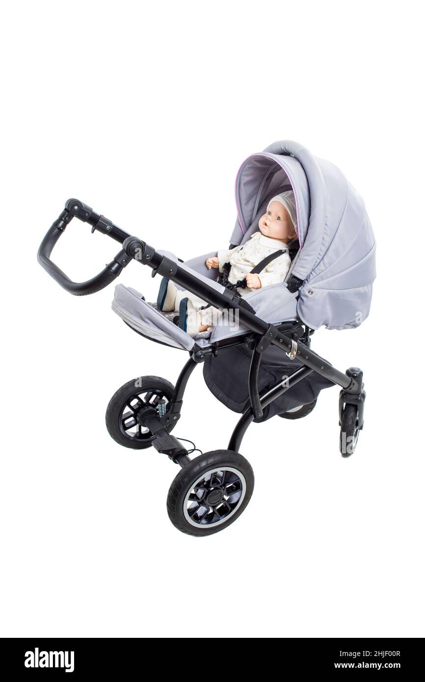New gray modern pram with doll. Side view. Isolated on a white ...