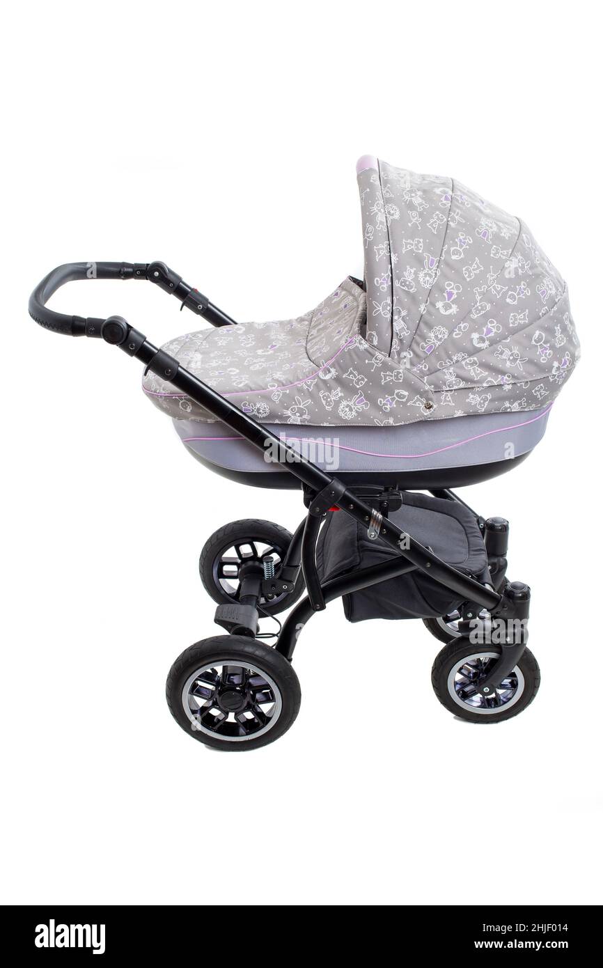 New gray modern pram. Side view. Isolated on a white background Stock ...