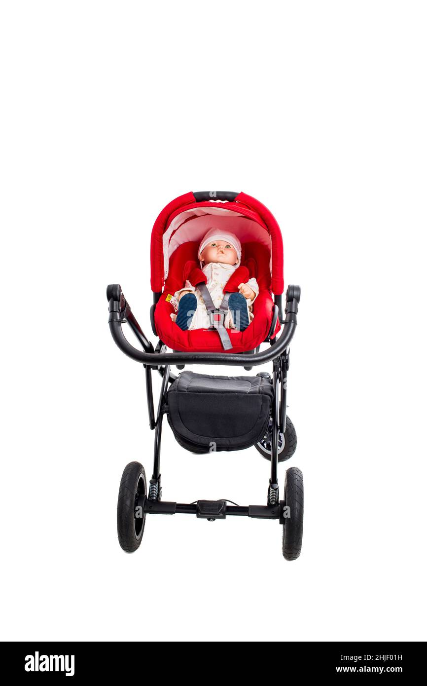 New red modern pram with doll. Front view. Isolated on a white ...
