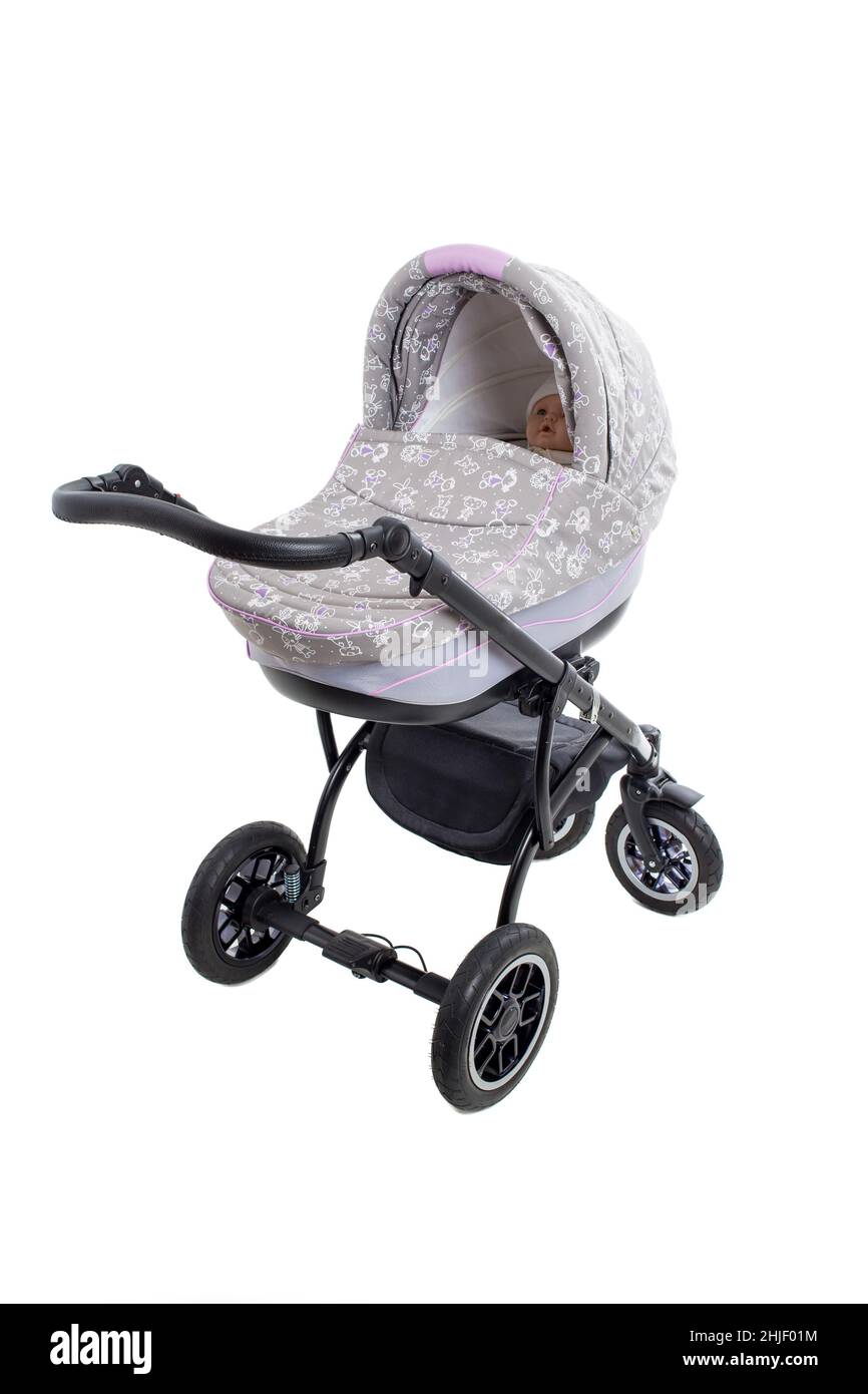 New gray modern pram with doll. Side view. Isolated on a white ...