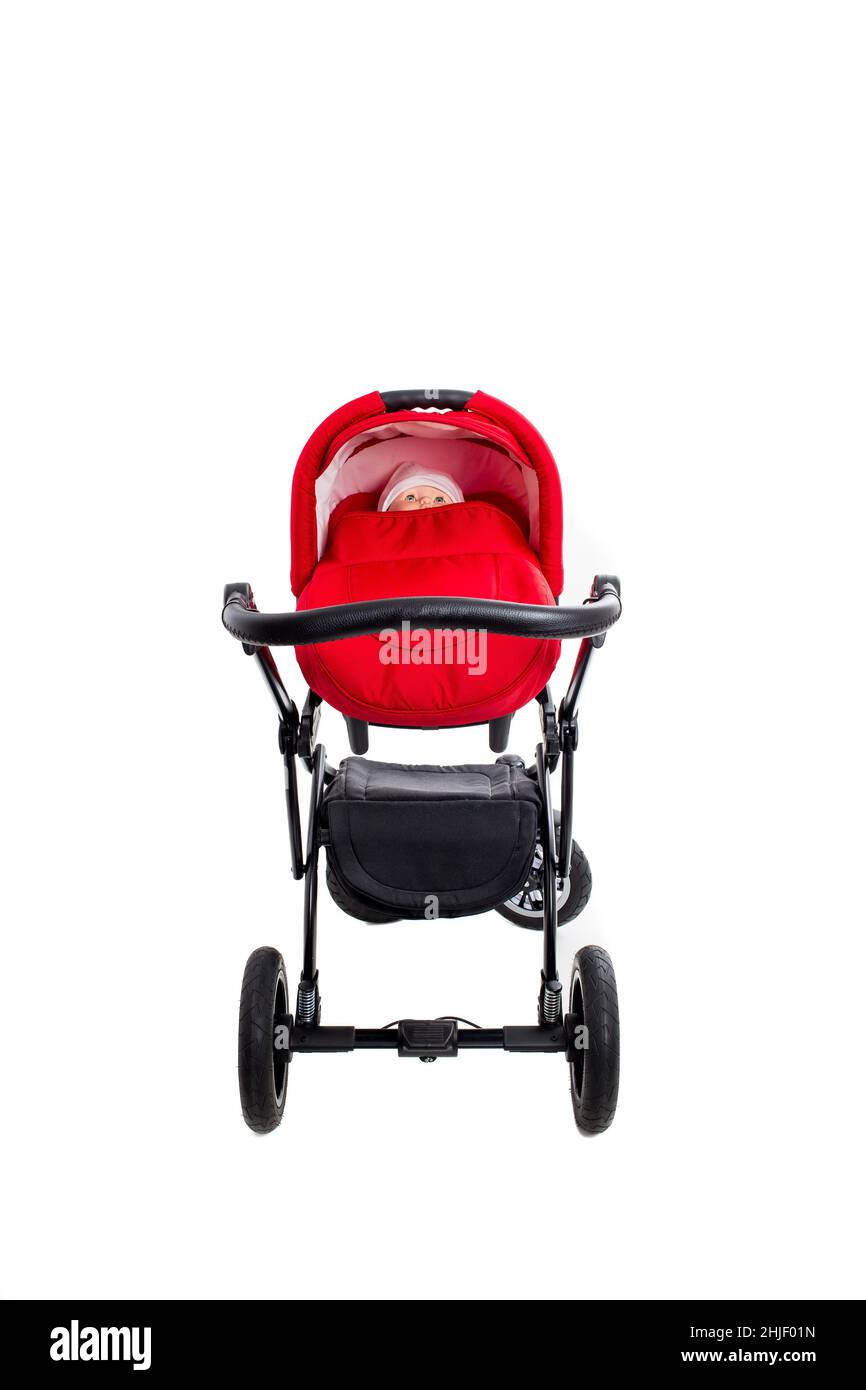 New red modern pram with doll. Front view. Isolated on a white ...